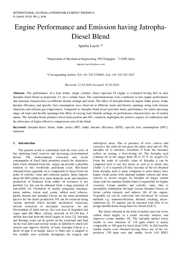 (PDF) Engine Performance and Emission having Jatropha Diesel Blend