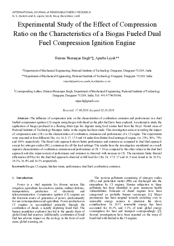 (PDF) Experimental Study of the Effect of Compression Ratio on the Characteristics of a Biogas ...