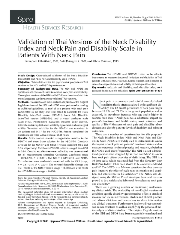 (PDF) Validation of Thai Versions of the Neck Disability Index and Neck ...