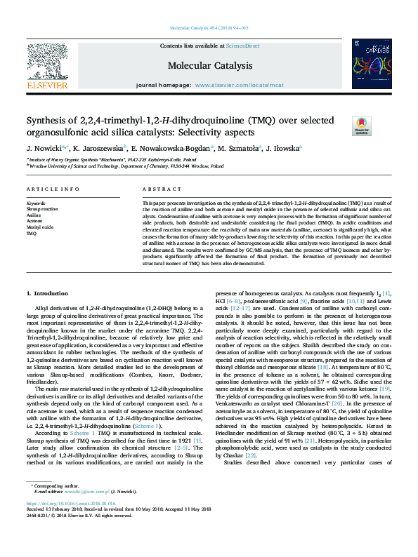 (PDF) Synthesis of 2,2,4-trimethyl-1,2- H -dihydroquinoline (TMQ) over ...
