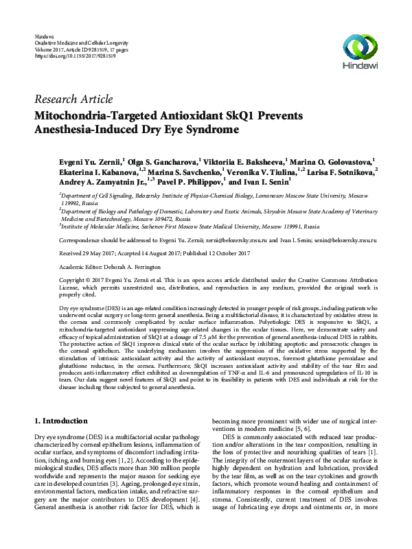 (PDF) Mitochondria-Targeted Antioxidant SkQ1 Prevents Anesthesia ...