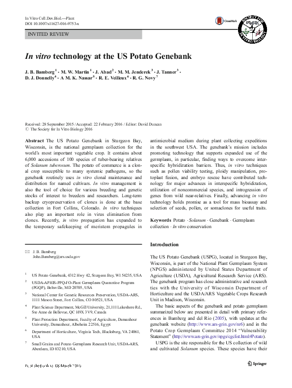 (PDF) In vitro technology at the US Potato Genebank