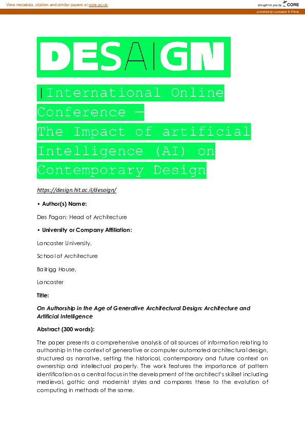 (PDF) On Authorship in the Age of Generative Architectural Design:Artificial Intelligence and ...