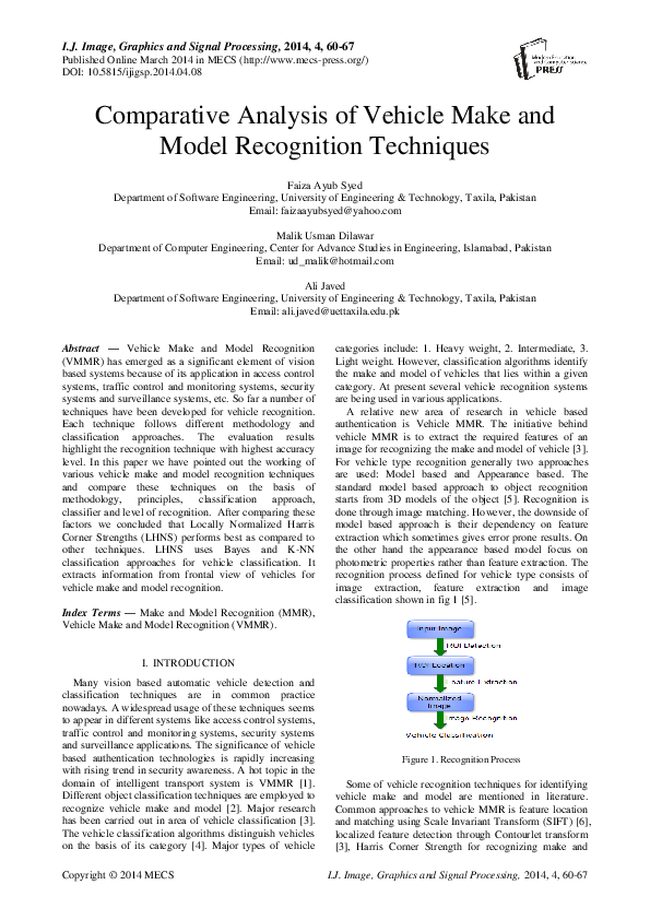 Pdf Comparative Analysis Of Vehicle Make And Model Recognition Techniques