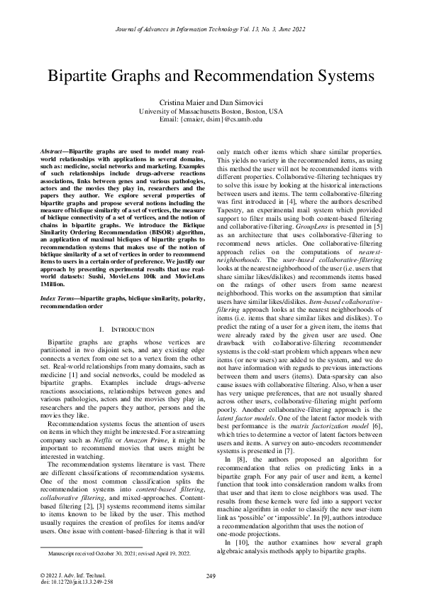 (PDF) Bipartite Graphs and Recommendation Systems