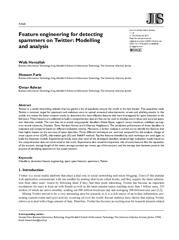 Pdf Feature Engineering For Detecting Spammers On Twitter Modelling