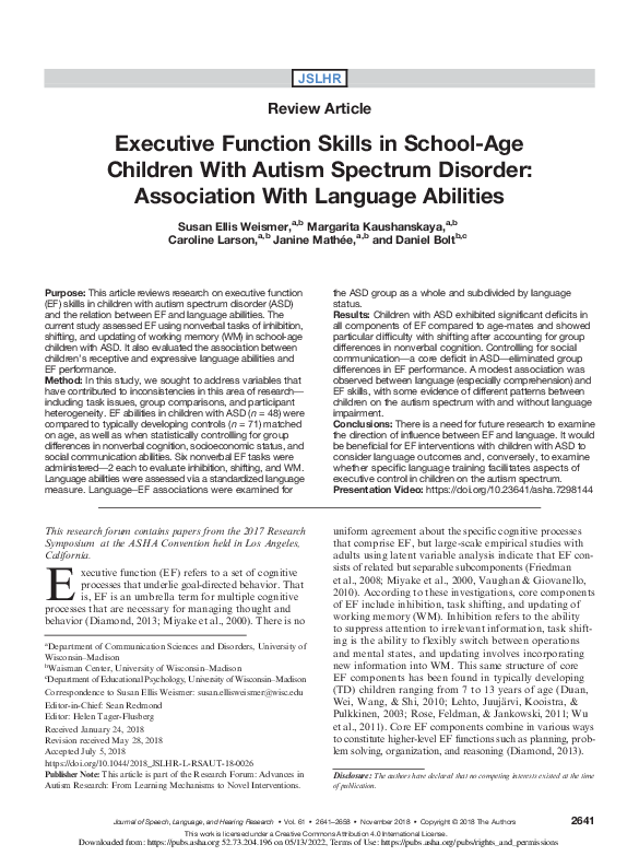 (PDF) Executive Function Skills in School-Age Children With Autism ...