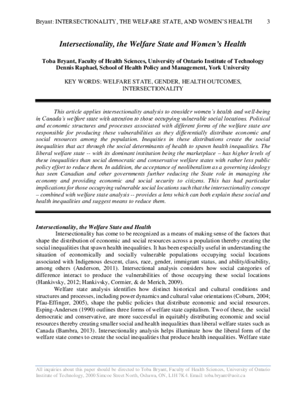 (PDF) Intersectionality Analysis, the Welfare State and Women's Health