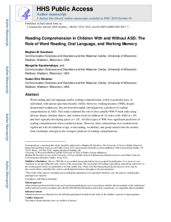 (PDF) Reading Comprehension in Children With and Without ASD: The Role of Word Reading, Oral ...