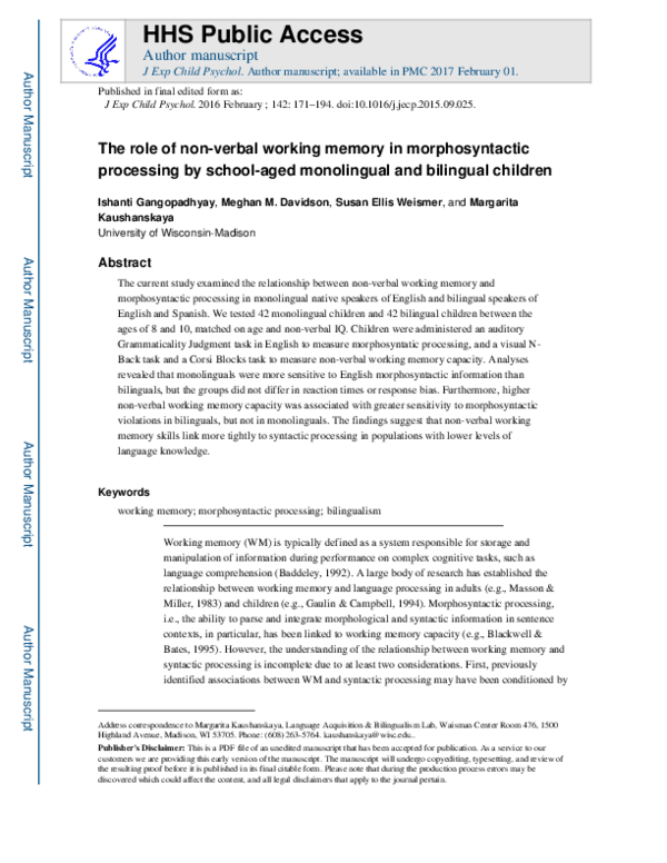 (PDF) The role of nonverbal working memory in morphosyntactic ...