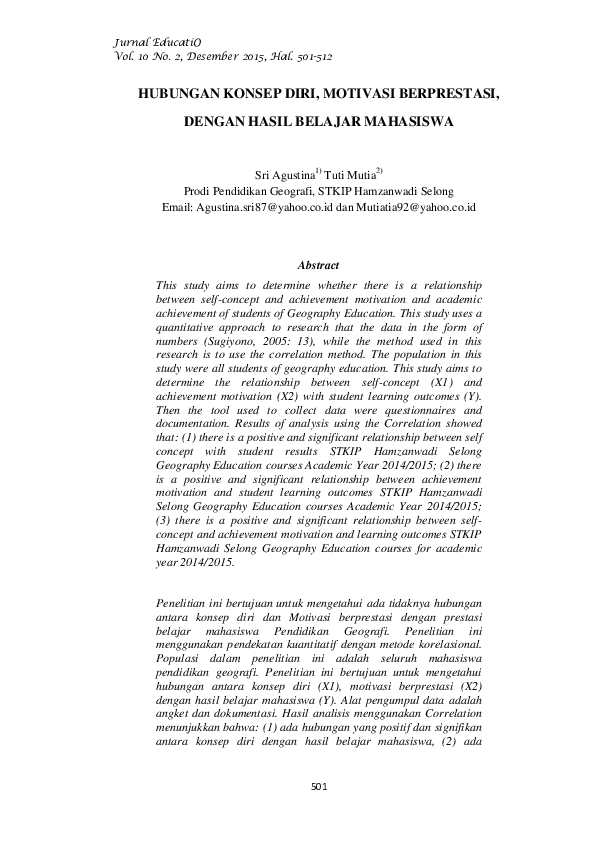 (PDF) Hubungan Konsep Diri, Motivasi Berprestasi, Dengan Hasil Belajar Mahasiswa
