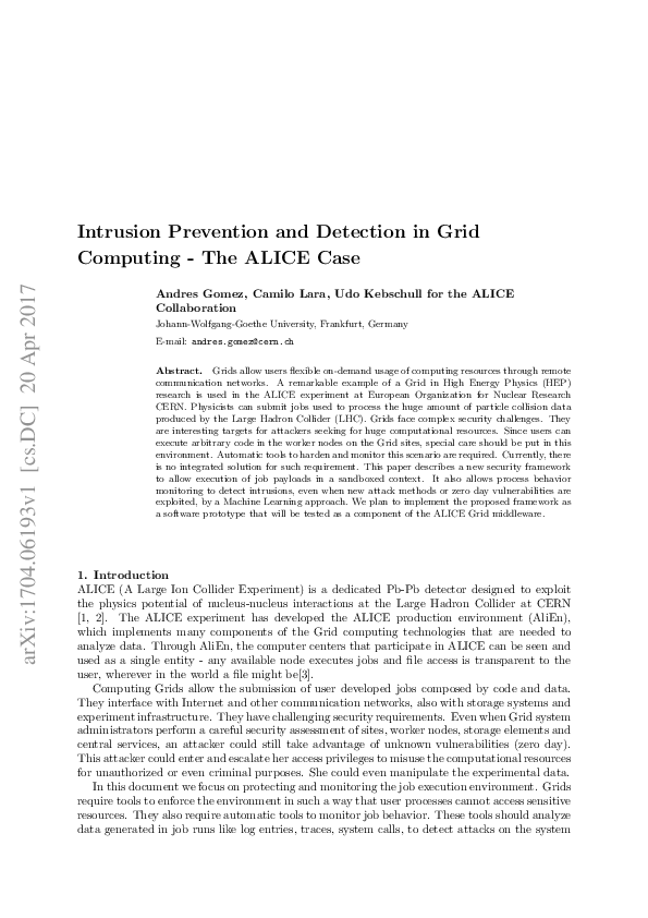 (PDF) Intrusion Prevention and Detection in Grid Computing - The ALICE Case
