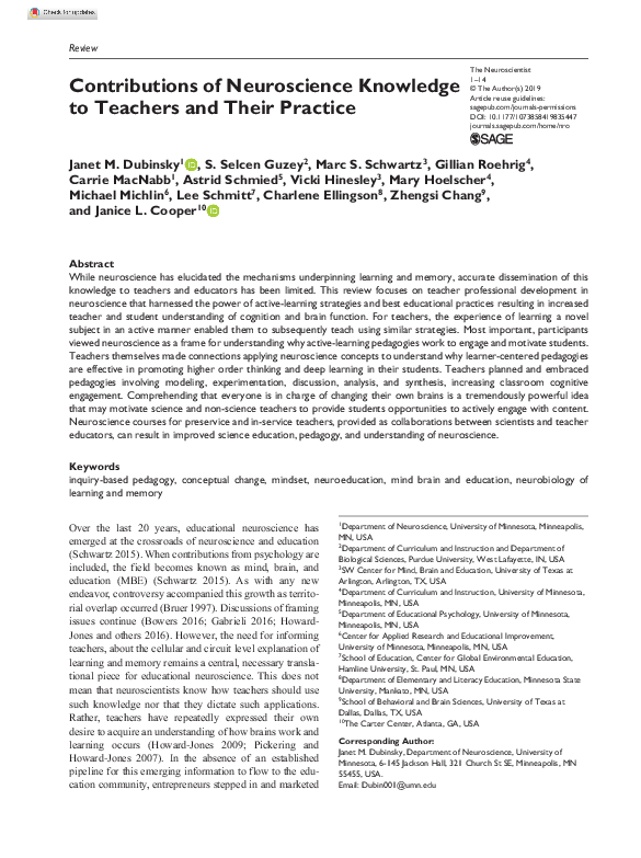 (PDF) Contributions of Neuroscience Knowledge to Teachers and Their Practice