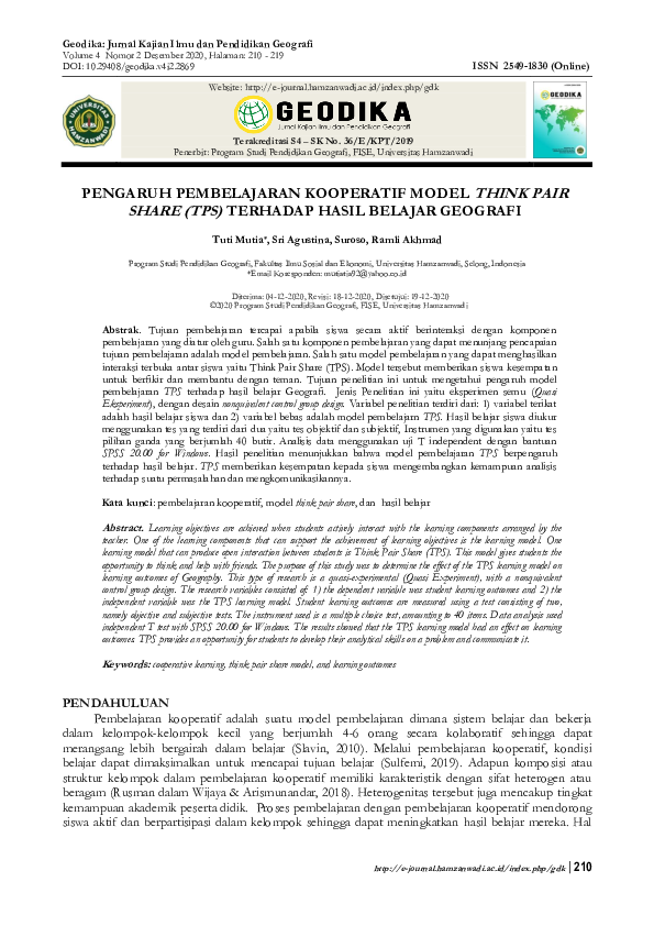 (PDF) Pengaruh Pembelajaran Kooperatif Model Think Pair Share (Tps) Terhadap Hasil Belajar Geografi