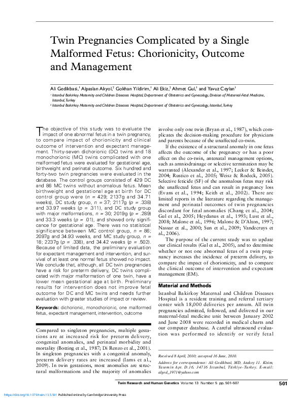 (PDF) Twin Pregnancies Complicated by a Single Malformed Fetus ...