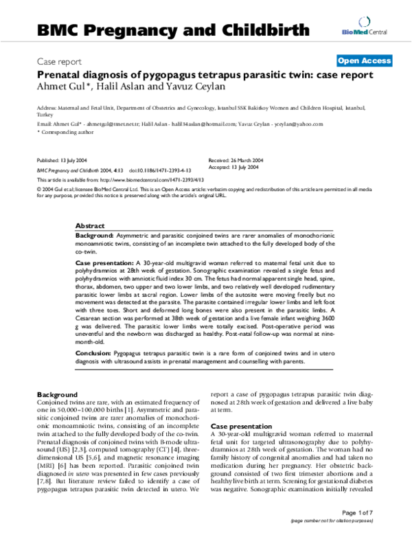 (PDF) Prenatal diagnosis of pygopagus tetrapus parasitic twin: case report