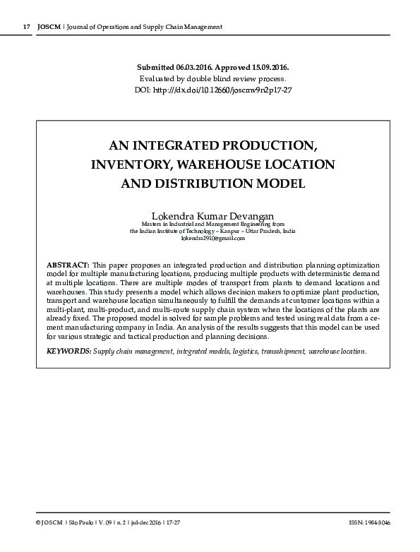 (PDF) An integrated production, inventory, warehouse location and ...