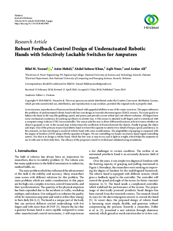 Pdf Robust Feedback Control Design Of Underactuated Robotic Hands