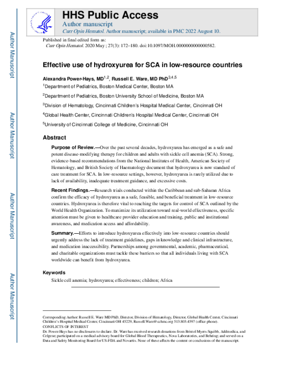 (PDF) Effective use of hydroxyurea for sickle cell anemia in low ...