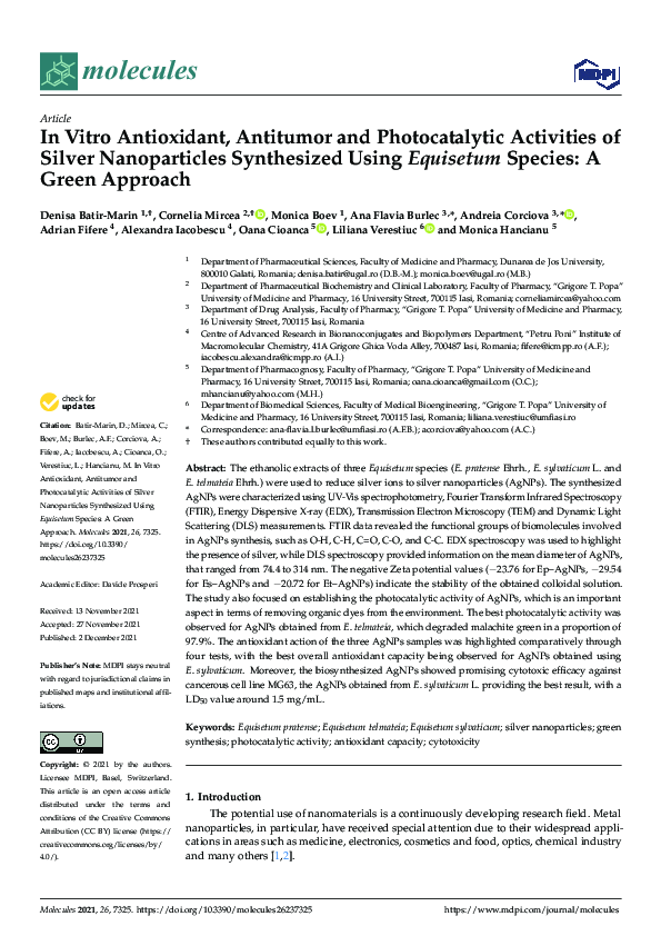 (PDF) In Vitro Antioxidant, Antitumor and Photocatalytic Activities of Silver Nanoparticles ...