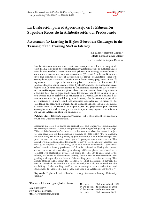 (PDF) La Evaluación para el Aprendizaje en la Educación Superior: Retos de la Alfabetización del ...