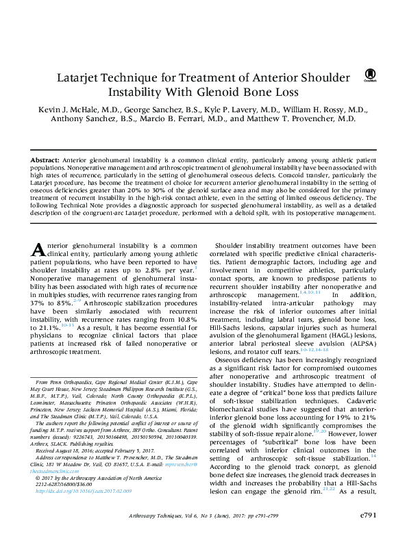 (PDF) Latarjet Technique for Treatment of Anterior Shoulder Instability ...
