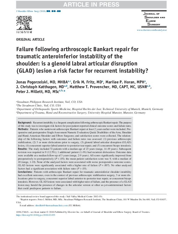 (PDF) Failure following arthroscopic Bankart repair for traumatic ...