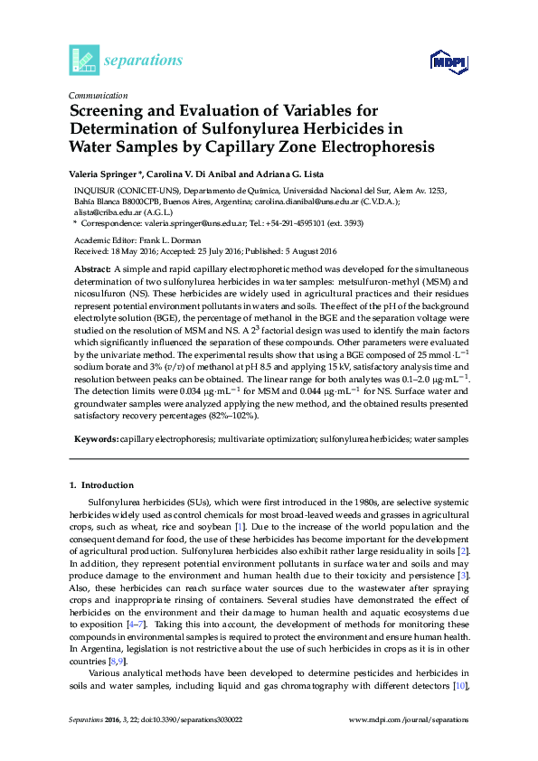 (PDF) Screening and Evaluation of Variables for Determination of Sulfonylurea Herbicides in ...