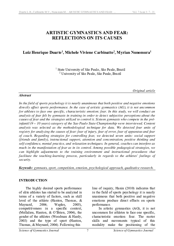 (PDF) Artistic Gymnastics and Fear: Reflections on Its Causes