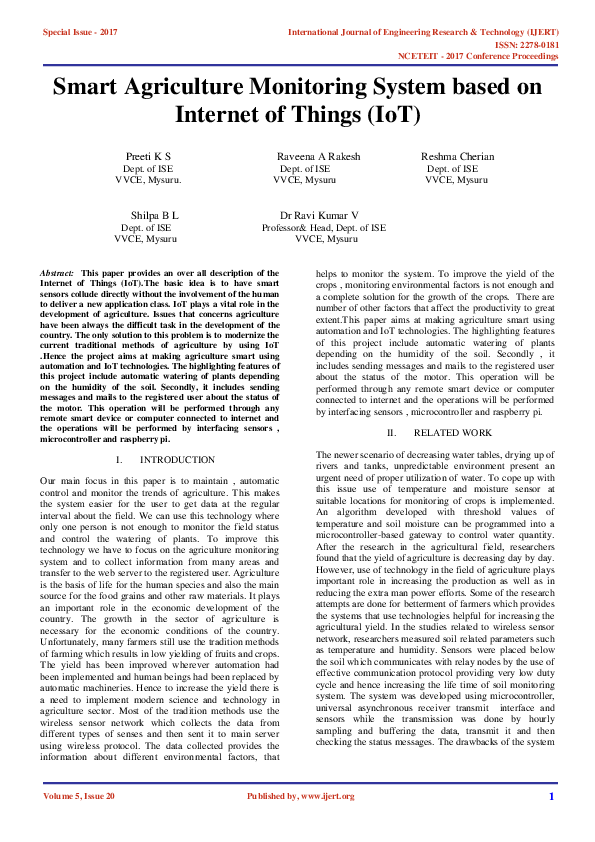 (PDF) Smart Agriculture Monitoring System based on Internet of Things (IoT)