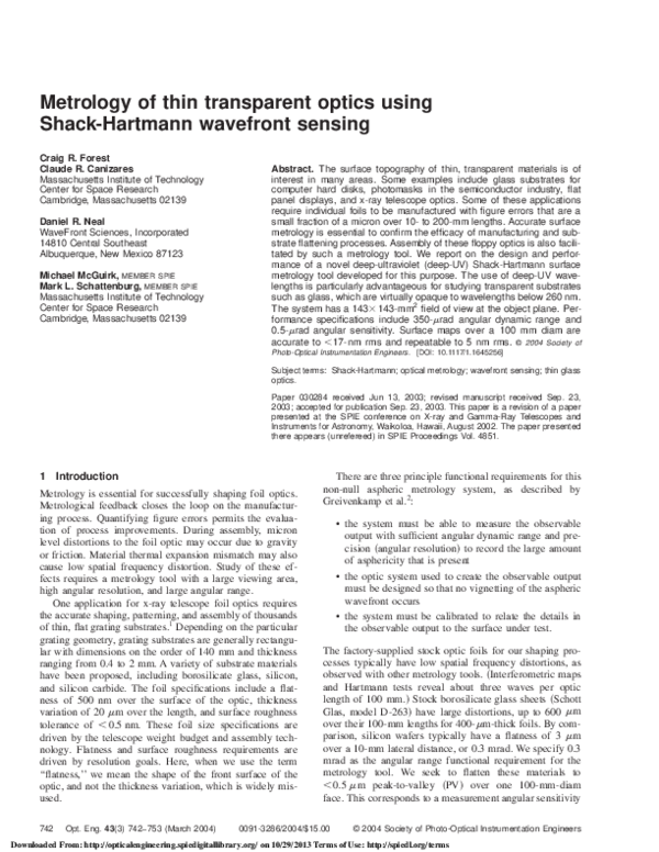 (PDF) Metrology of thin transparent optics using Shack-Hartmann wavefront sensing