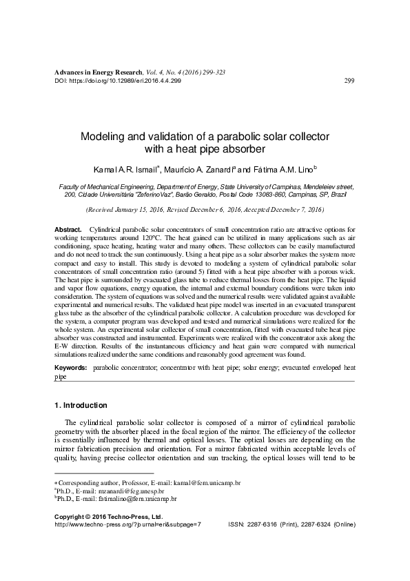 (PDF) Modeling and validation of a parabolic solar collector with a heat pipe absorber