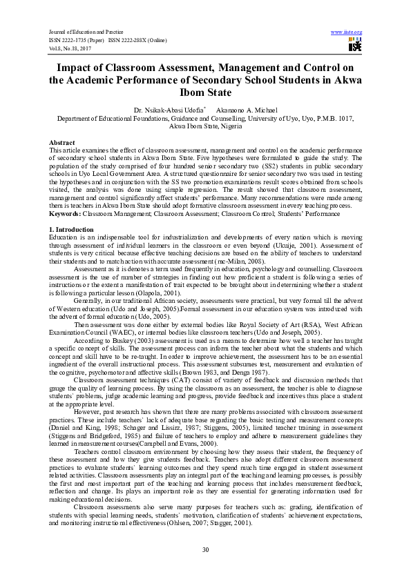 (PDF) Impact of Classroom Assessment, Management and Control on the Academic Performance of ...