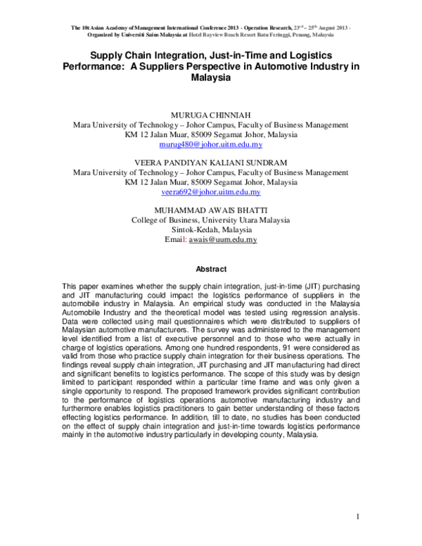 (PDF) Supply Chain Integration, Just-in-Time and Logistics Performance. A Suppliers Perspective ...