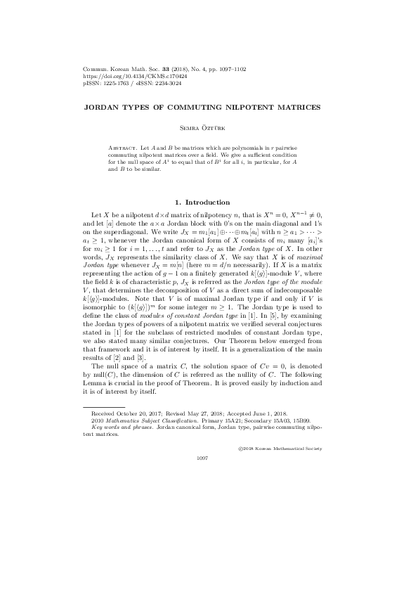 (PDF) Jordan Types of Commuting Nilpotent Matrices