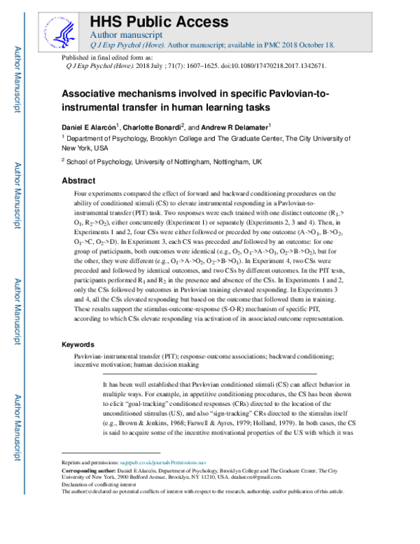 (PDF) Associative Mechanisms Involved in Specific Pavlovian-to-instrumental transfer (PIT) in ...