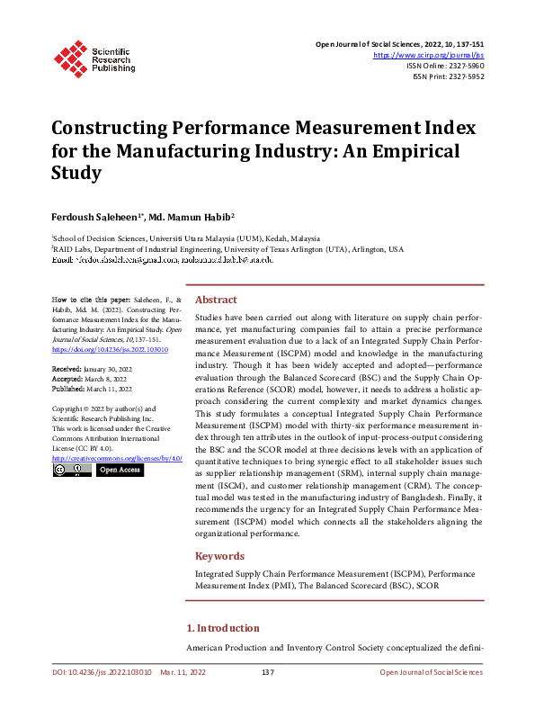 (PDF) Constructing Performance Measurement Index for the Manufacturing Industry: An Empirical Study