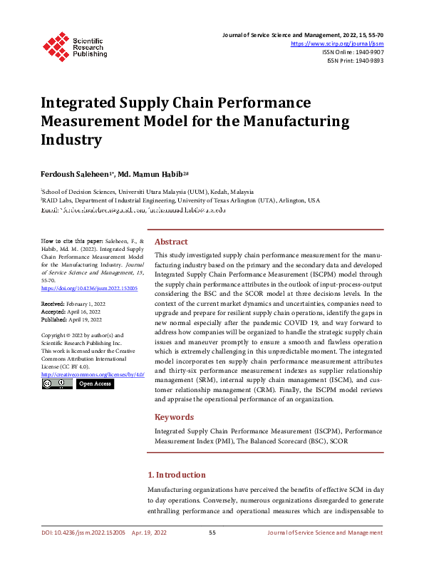 (PDF) Integrated Supply Chain Performance Measurement Model for the Manufacturing Industry