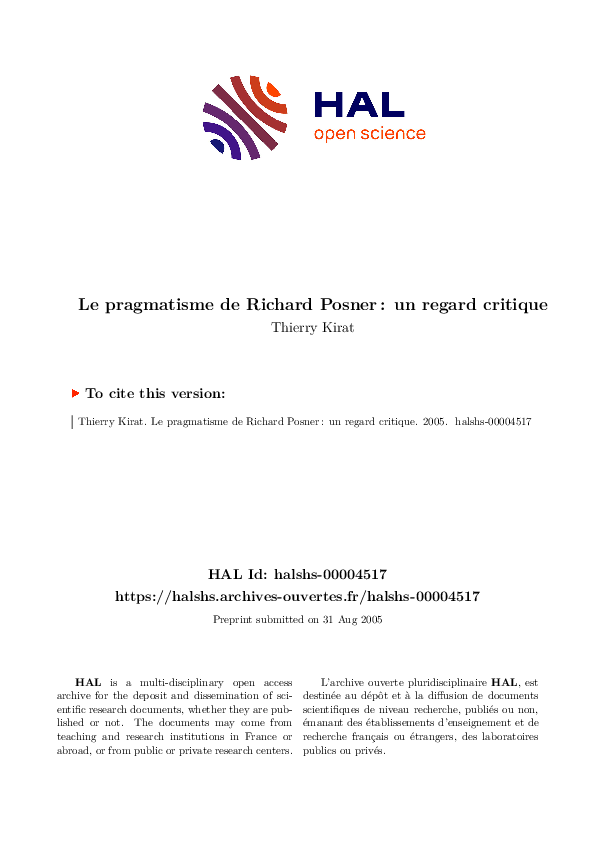 (PDF) Le pragmatisme de Richard Posner : un regard critique