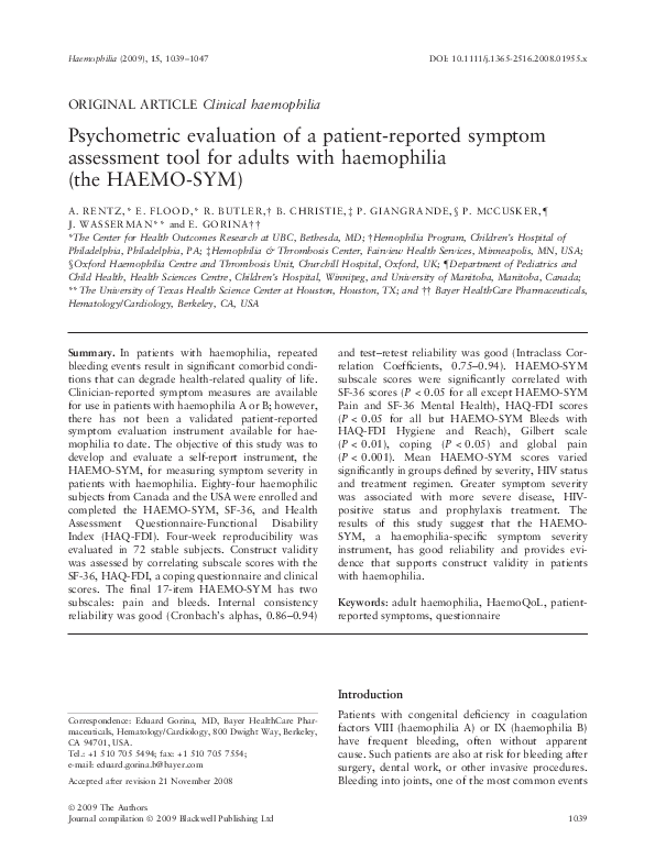 (PDF) HAEMO-SYM: A Validated Tool for Haemophilia