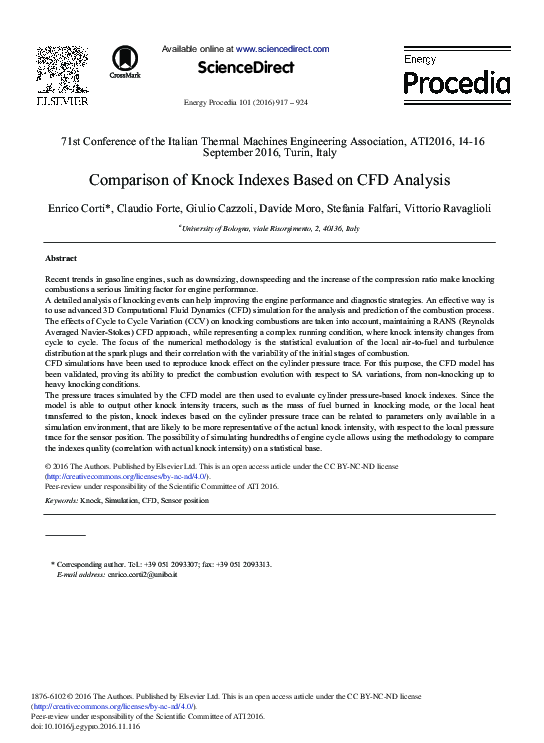 (PDF) Comparison of Knock Indexes Based on CFD Analysis