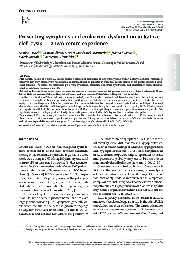 (PDF) Presenting symptoms and endocrine dysfunction in Rathke cleft cysts — a two-centre ...