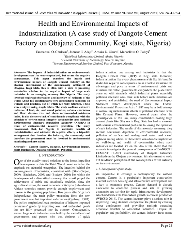 (PDF) Health and Environmental Impacts of Industrialization (A case study of Dangote Cement ...