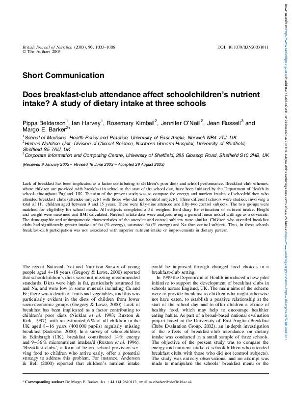 (PDF) Does breakfast-club attendance affect schoolchildren's nutrient ...