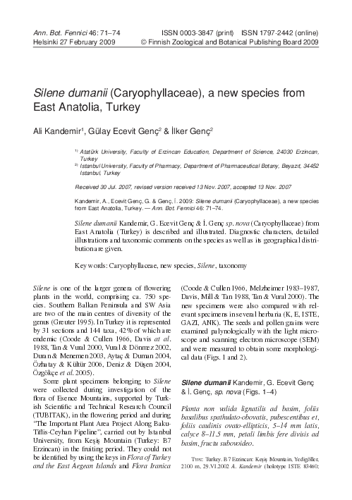 (PDF) Silene Dumanii(Caryophyllaceae), a New Species from East Anatolia ...