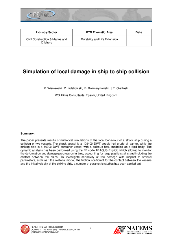(PDF) Simulation of local damage in ship to ship collision