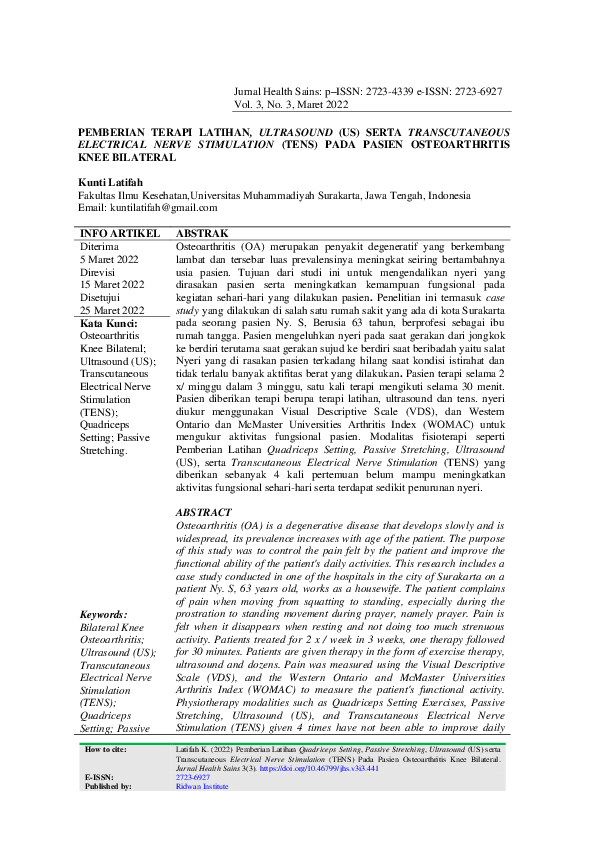 Pemberian Terapi Latihan, Ultrasound (US) Serta Transcutaneous ... Pemberian Terapi Latihan, Ultrasound (US) Serta Transcutaneous ...