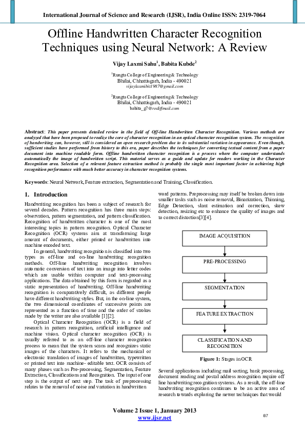 Pdf Offline Handwritten Character Recognition Techniques Using Neural Network A Review