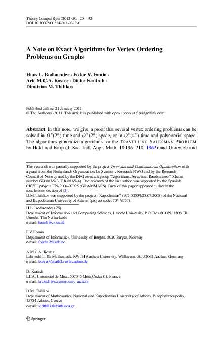 (PDF) A Note on Exact Algorithms for Vertex Ordering Problems on Graphs