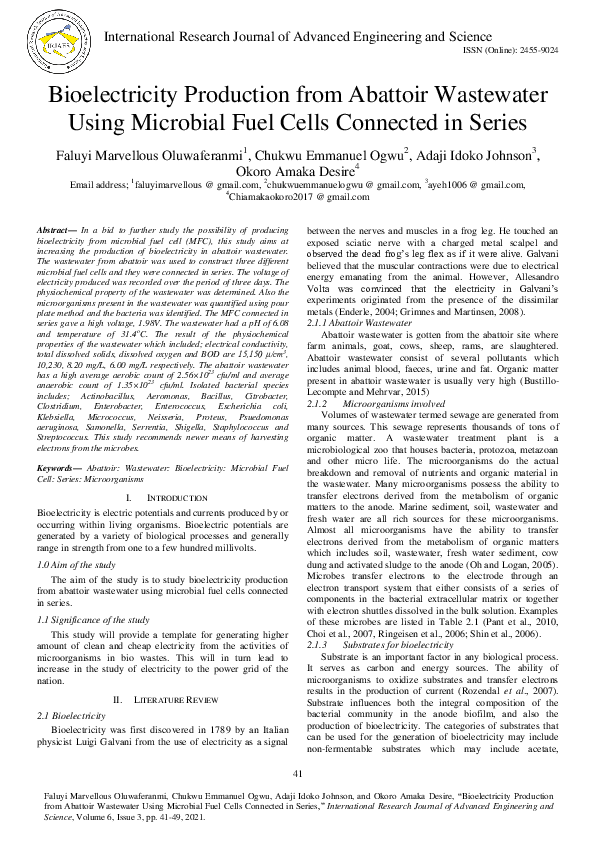 (PDF) Bioelectricity Production from Abattoir Wastewater Using Microbial Fuel Cells Connected in ...